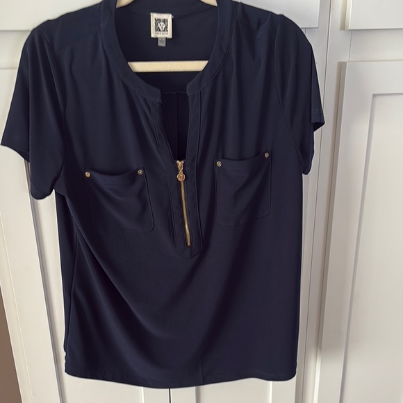 Anne Klein | Tops | Anne Klein Midnight Blue Blouse With Gold Accents ...